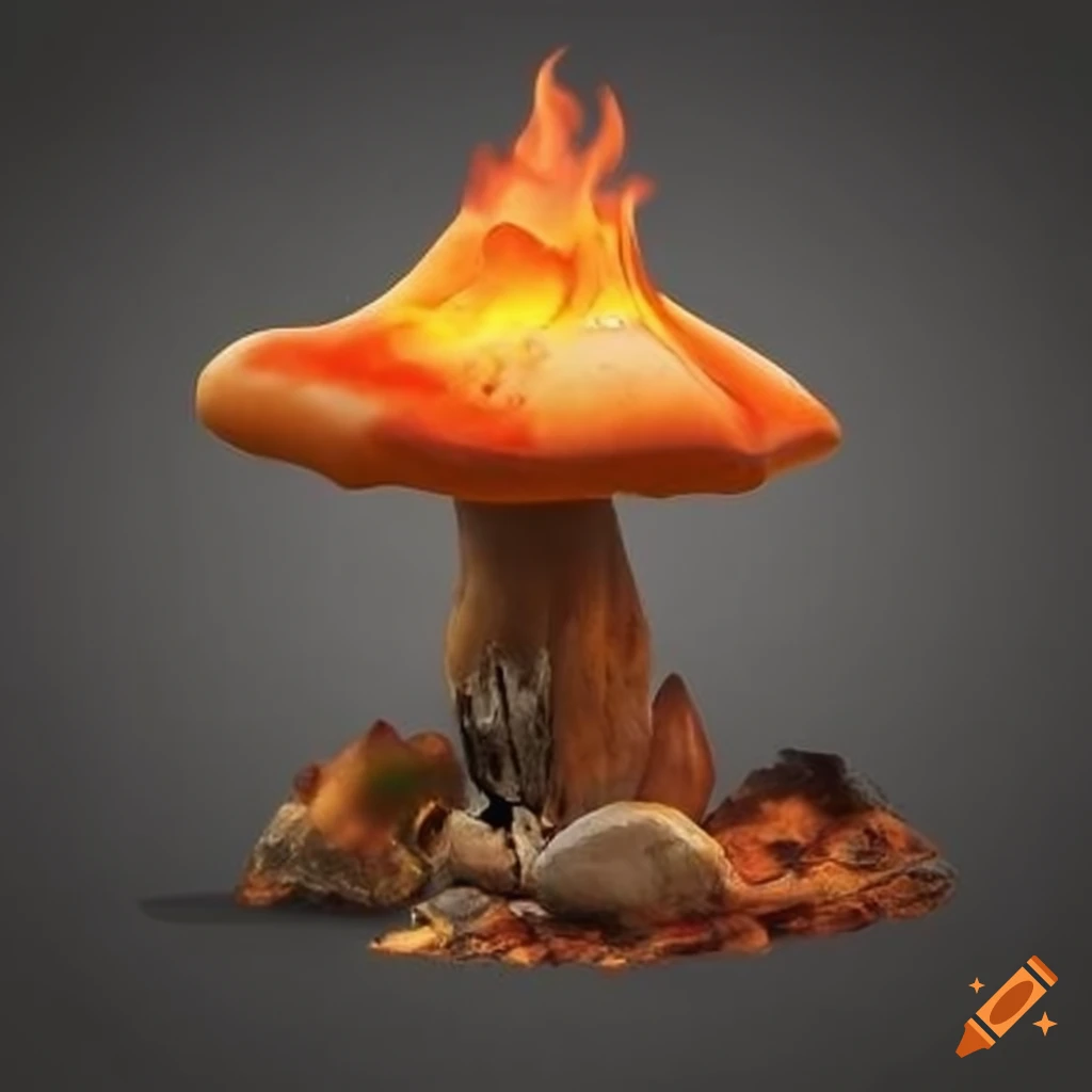 Fantasy orange fire mushroom with stone stem and fiery top on Craiyon