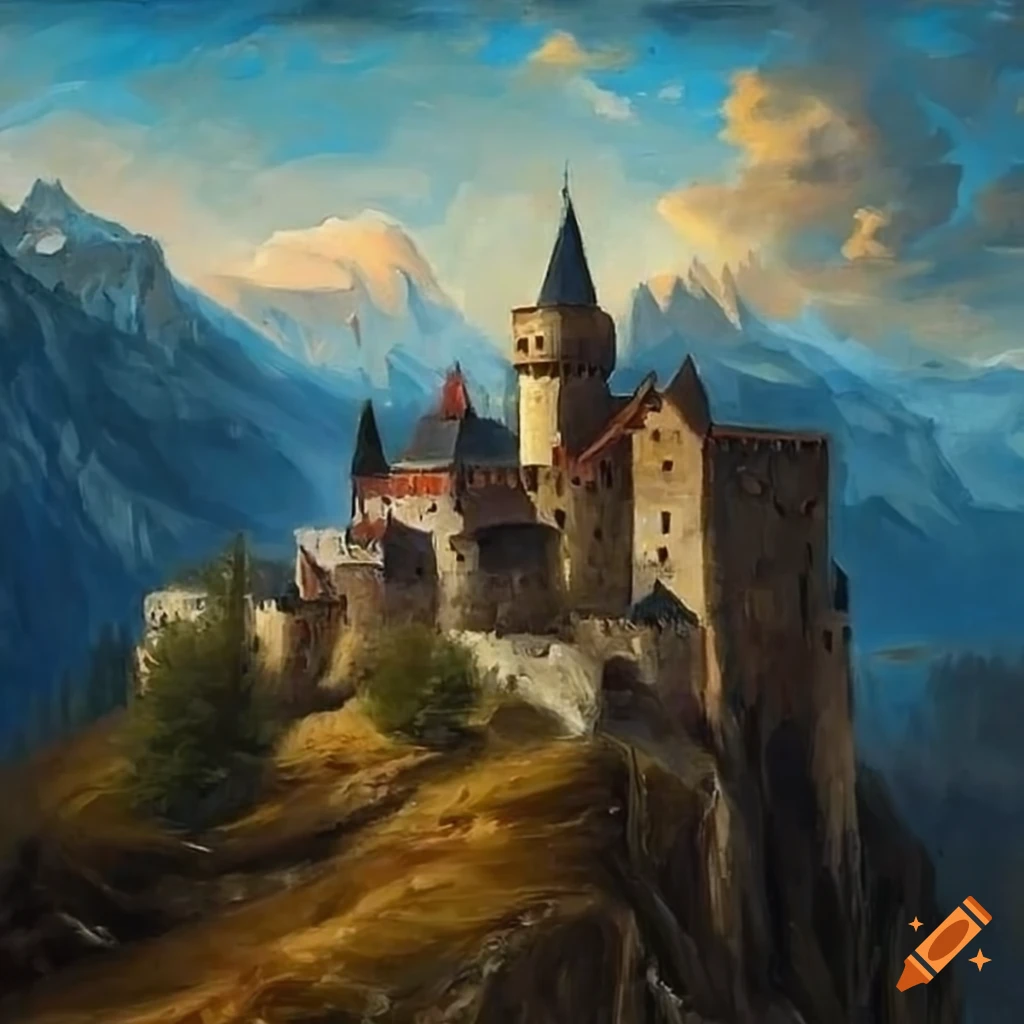 Oil painting of a medieval european castle in the alps mountains on Craiyon