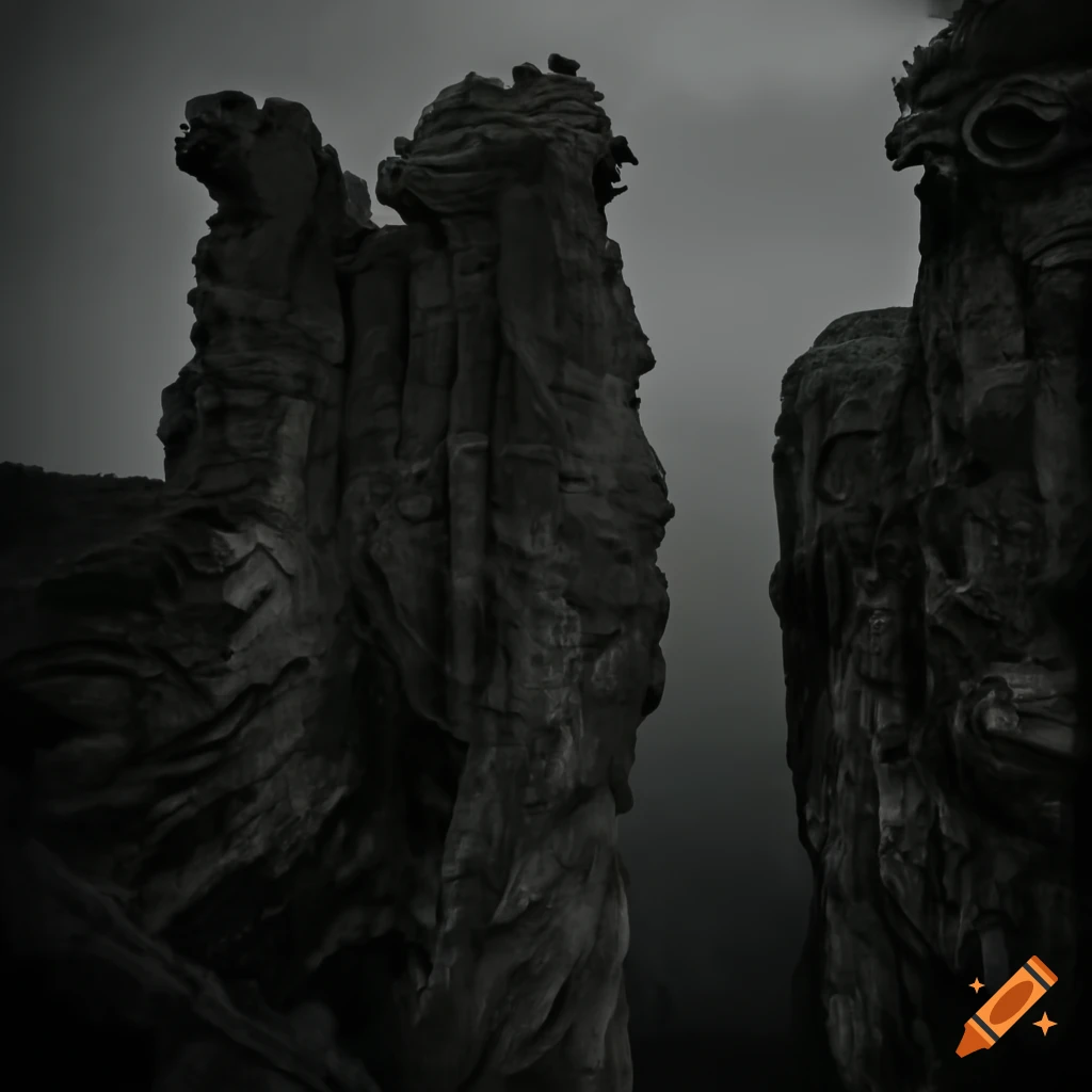 Eerie cliffs with gargoyle faces carved in on Craiyon