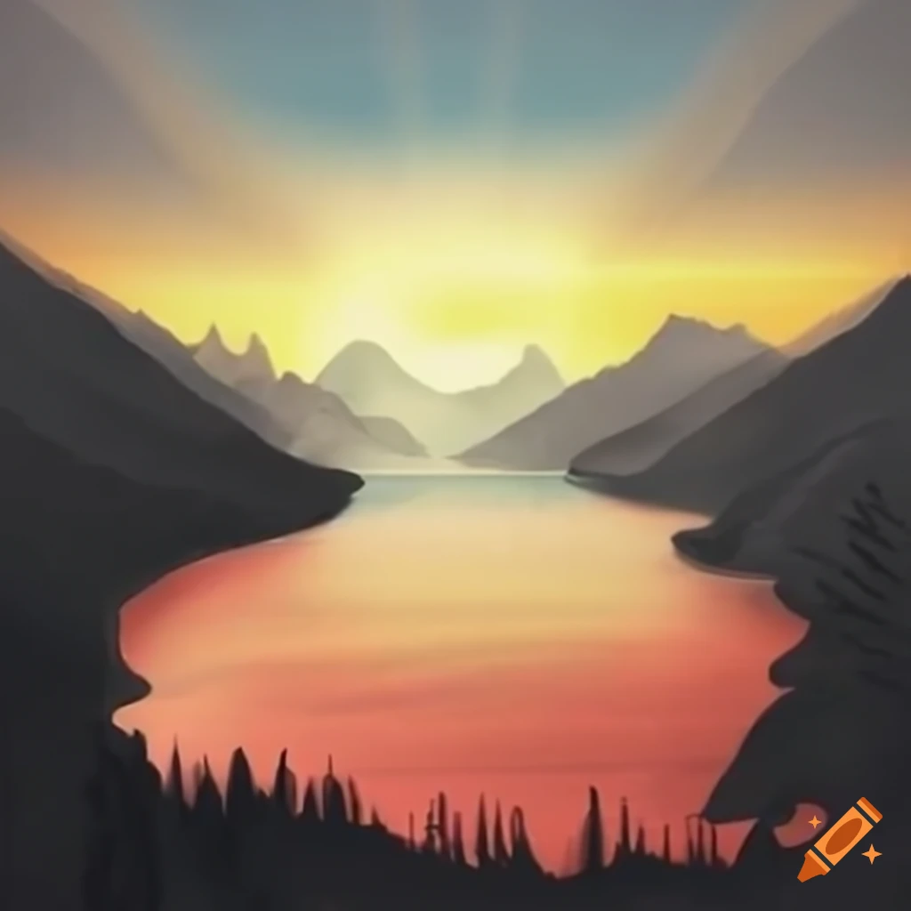 Mountain lake at sunset with high definition 32k resolution on Craiyon