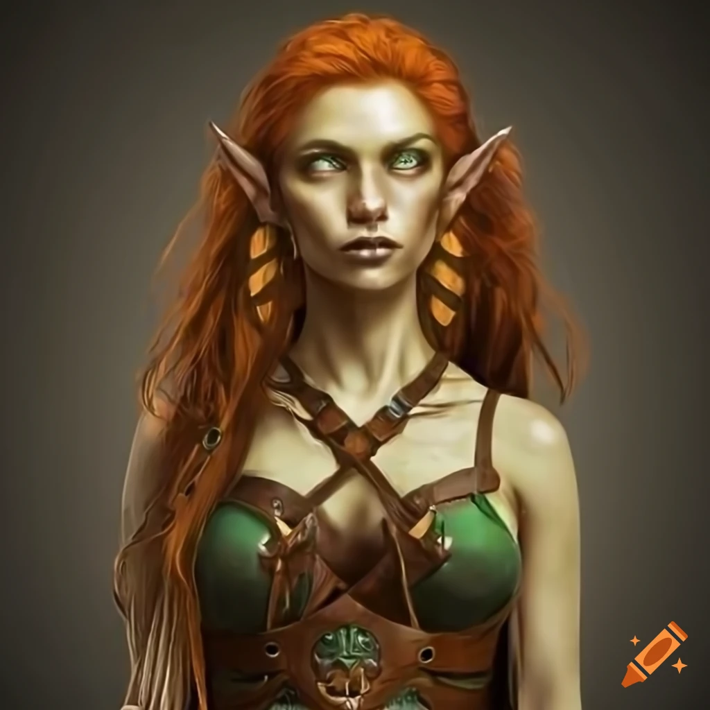 Elf woman with green skin and ginger hair in leather armor holding a wooden staff on Craiyon