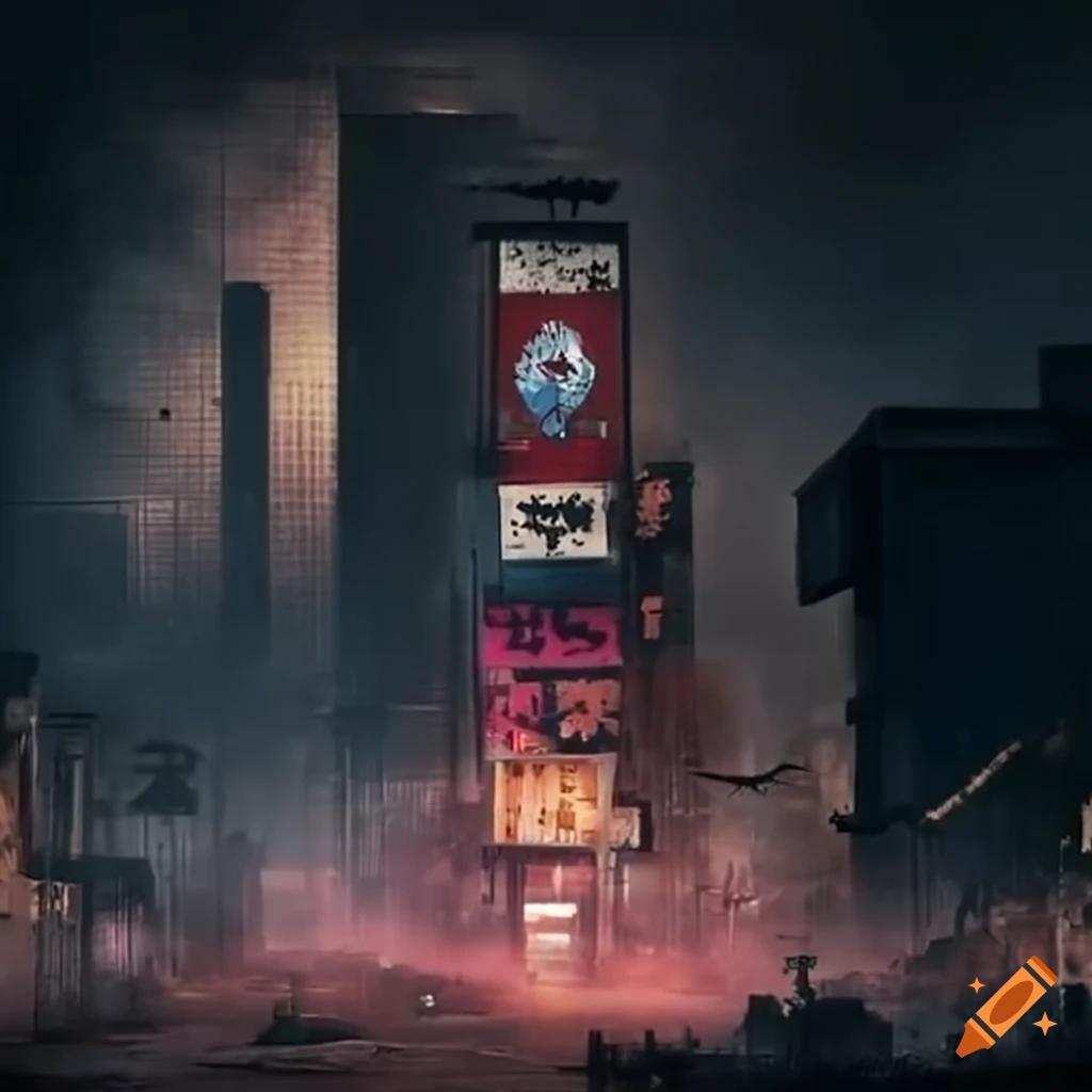 Post-apocalyptic advertising screen in destroyed tokyo on Craiyon