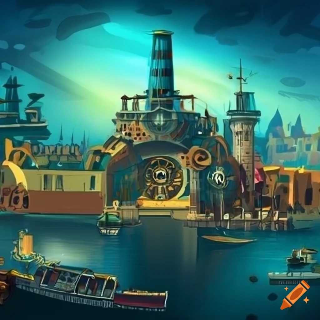 Steampunk harbor with bright colors in a cartoon style on Craiyon
