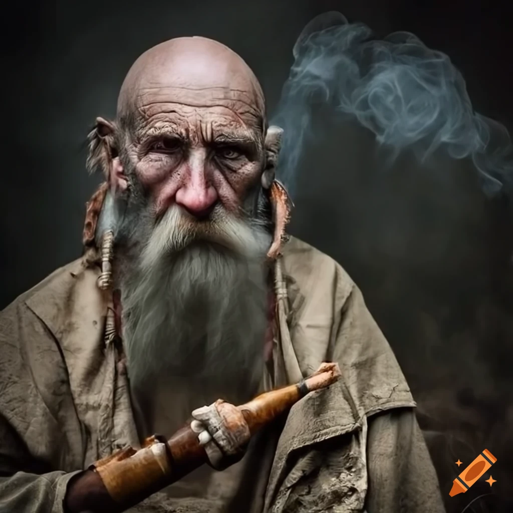 Post-apocalyptic bald shaman in a cloak surrounded by smoke in a ...