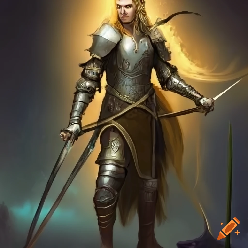 Tall elven man in heavy armor carrying two rapiers with golden mist ...