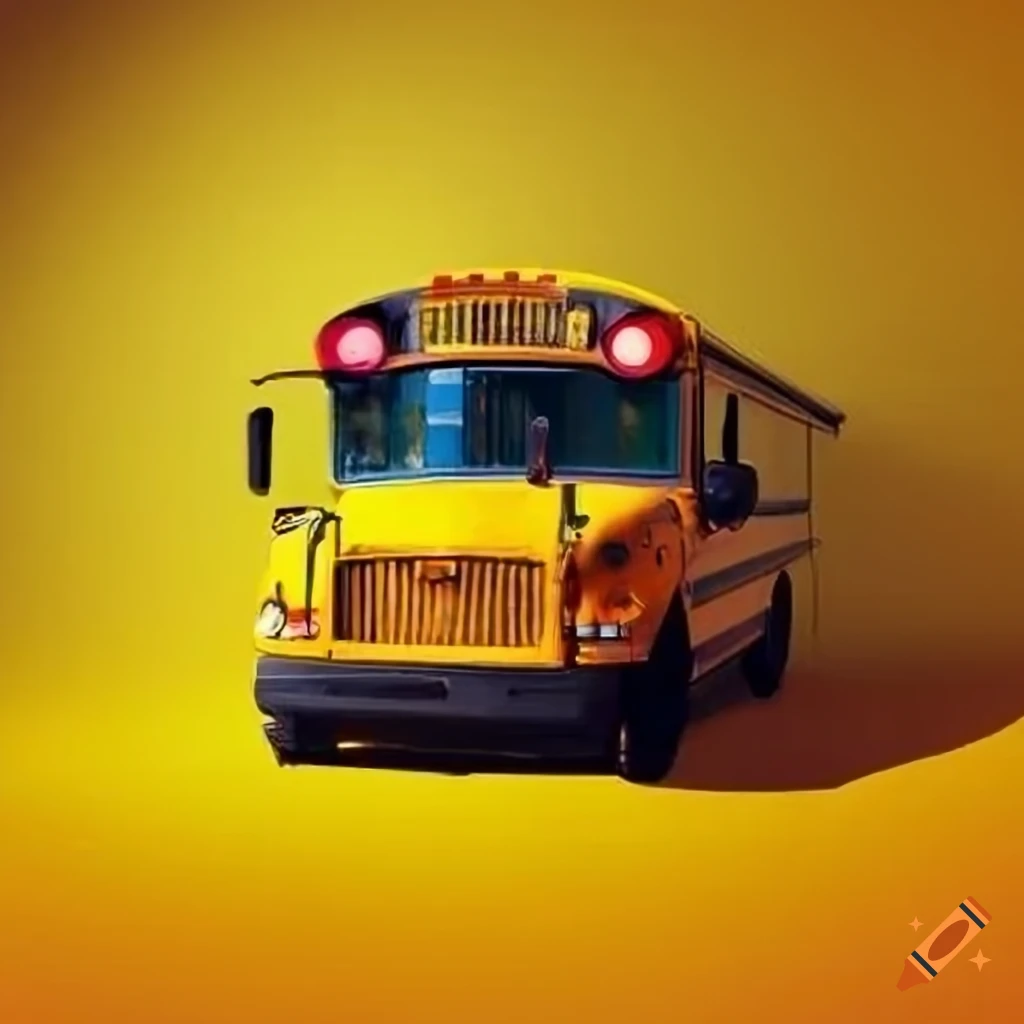 Vibrant album cover with sunlit garden and yellow school bus on Craiyon