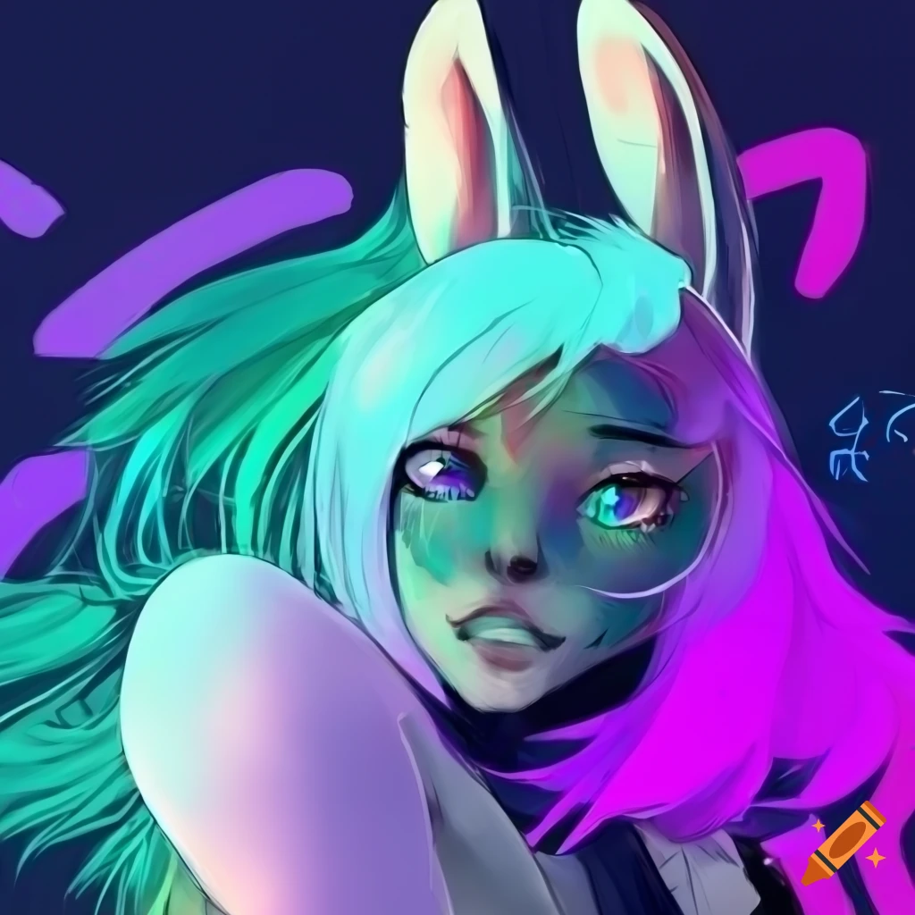 Anthropomorphic rabbit with cyan short hair in cyberpunk sportswear on ...