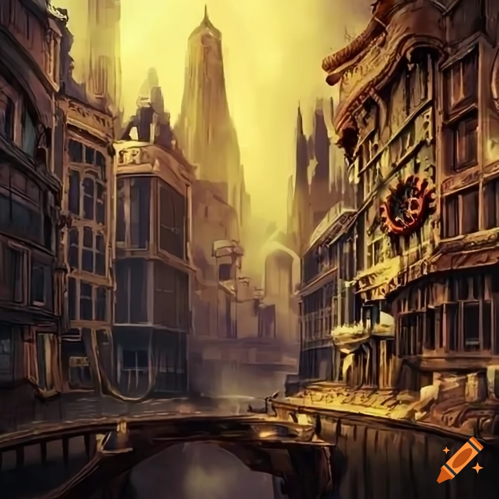 Steampunk city environment concept art on Craiyon