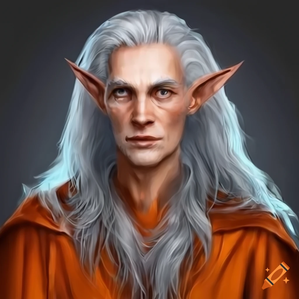 55 year old male elf with long gray hair in an orange robe on Craiyon