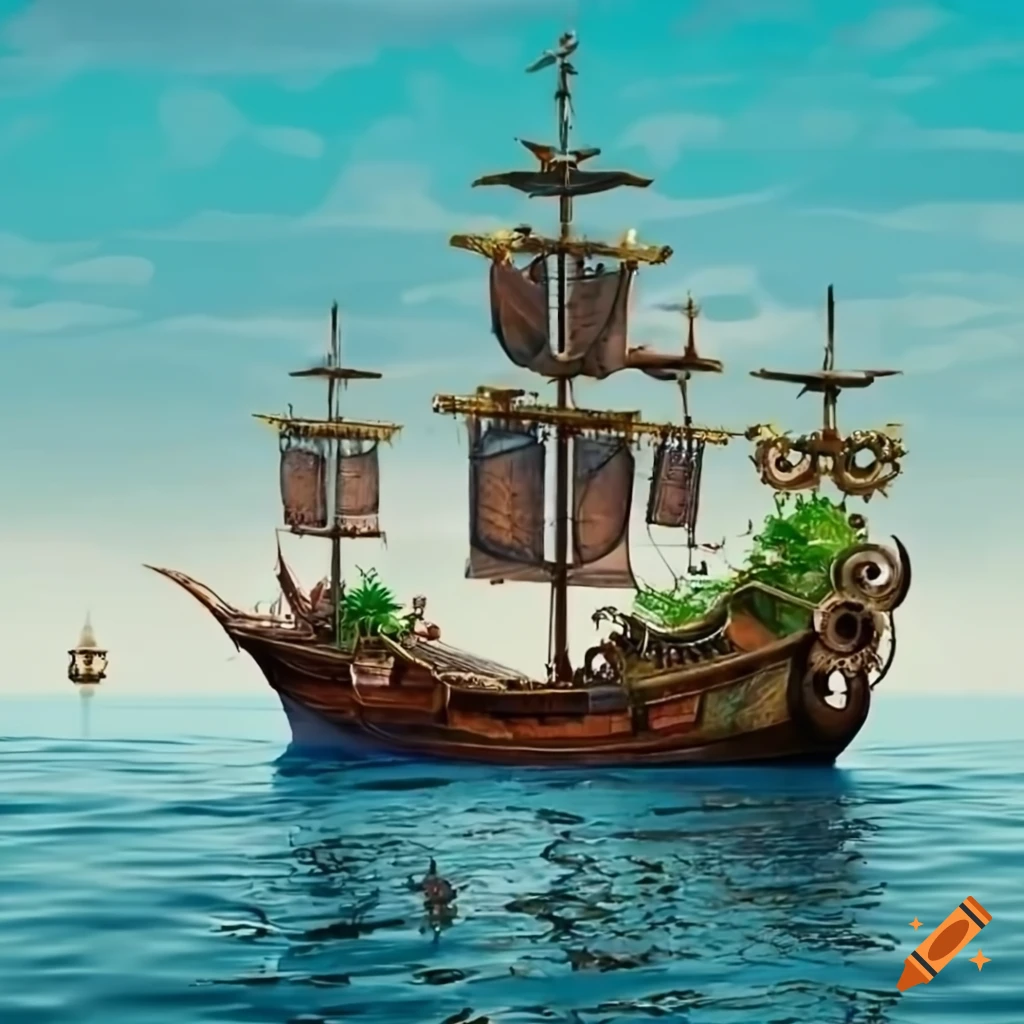 Steampunk sailing boat with lush plants and intricate machinery on deck ...