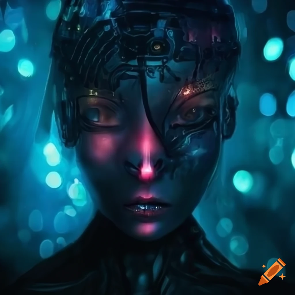 Biopunk cyborg goddess in a dark cyberpunk cityscape on Craiyon