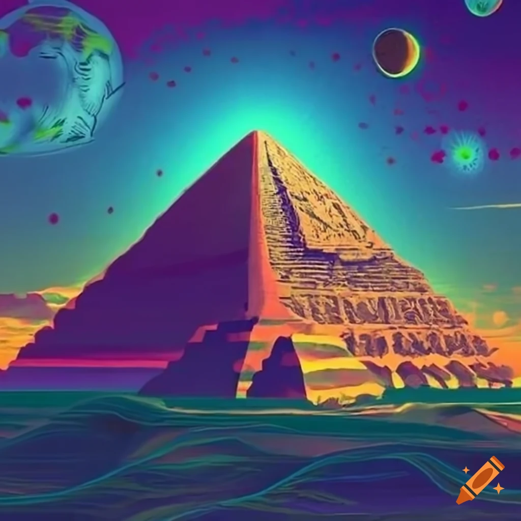 Acid psychedelic design of a labyrinth with ancient Egyptian pyramids ...