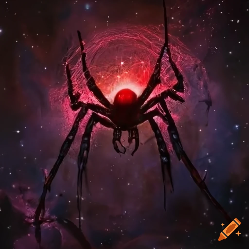 Intricately detailed ancient red spider weaving its web against a dark ...