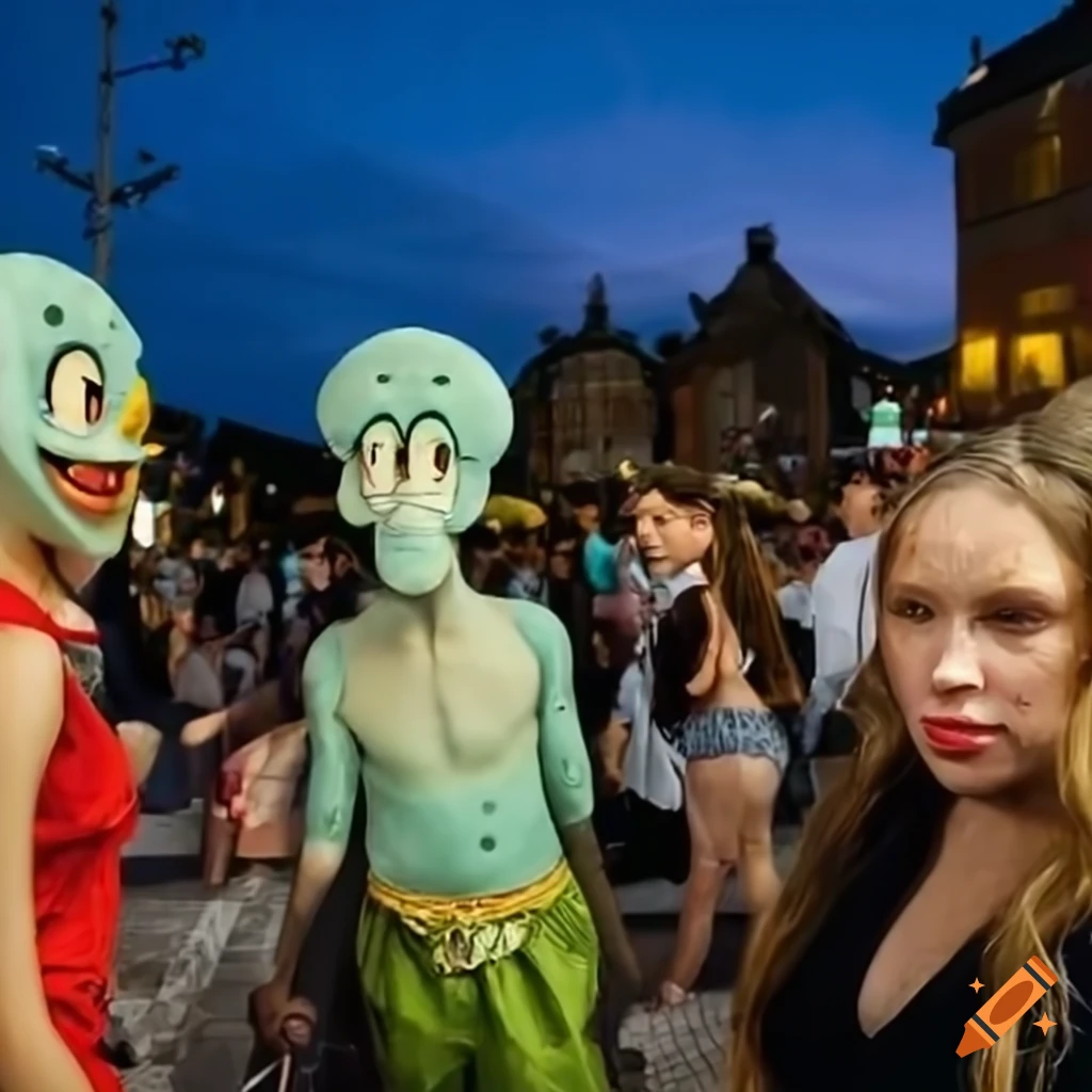 Squidward-themed festival with crowd wearing masks on Craiyon
