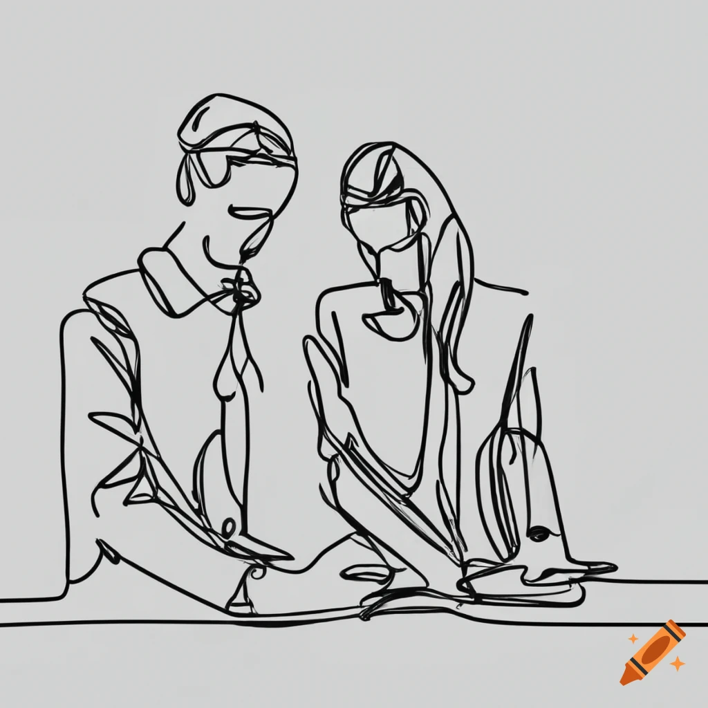 Dynamic single line drawing of two people collaborating on Craiyon