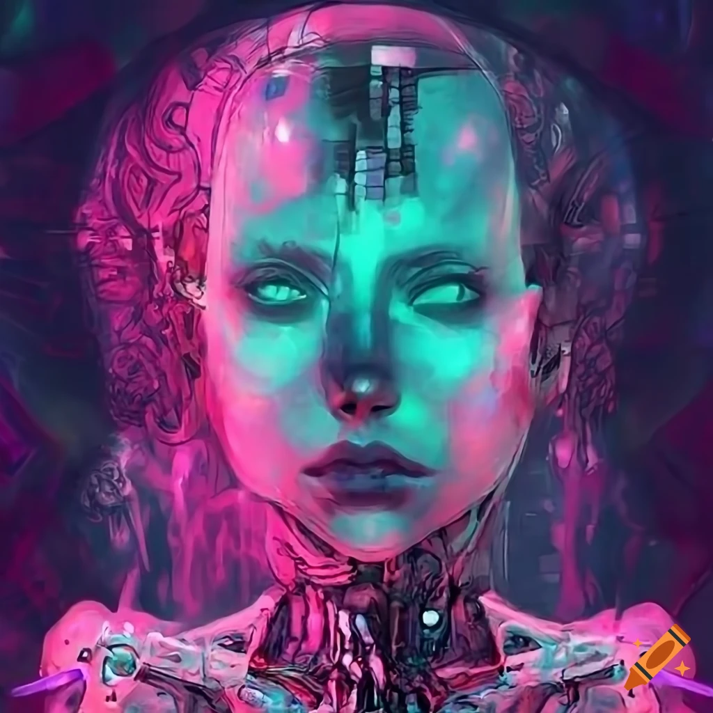 Female cyborg goddess in a dark cyberpunk cityscape on Craiyon