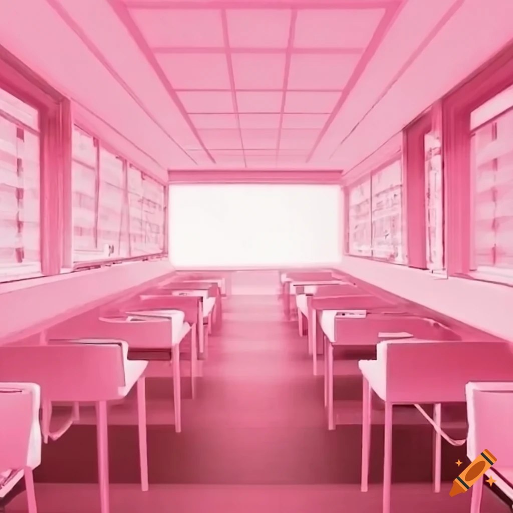 Pink classroom with many desks in one point perspective on Craiyon
