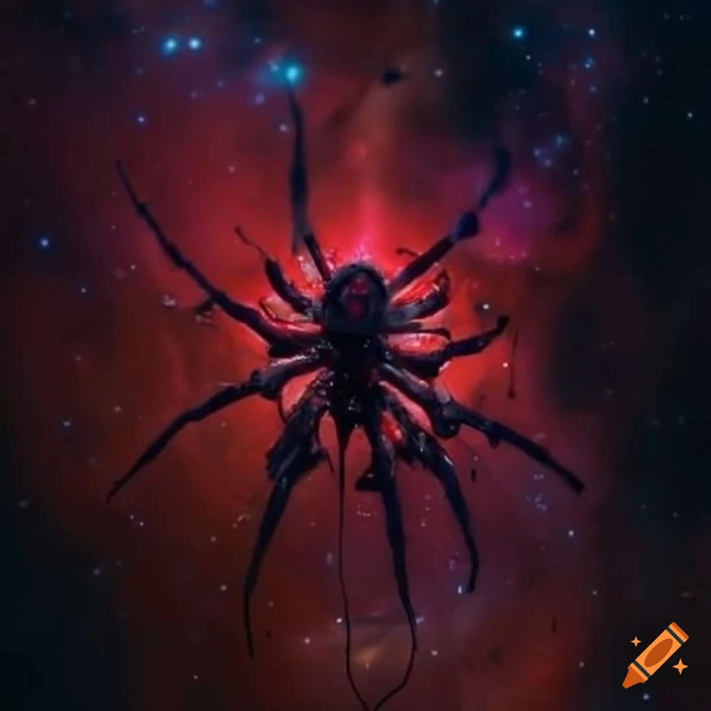 Intricately detailed ancient red spider, the Crimson Voidweaver, against a dark starry nebula on ...