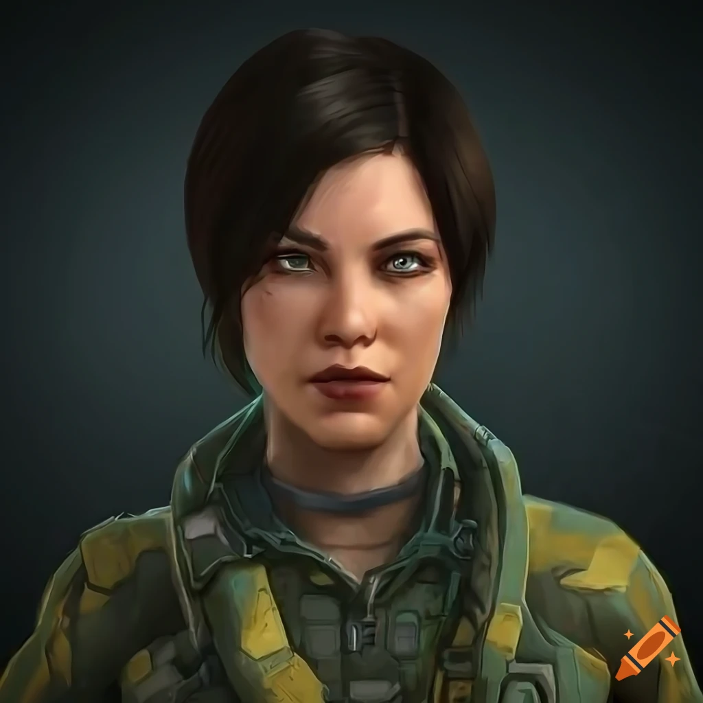 Portrait of young adult female mechwarrior pilot with black hair in a ...