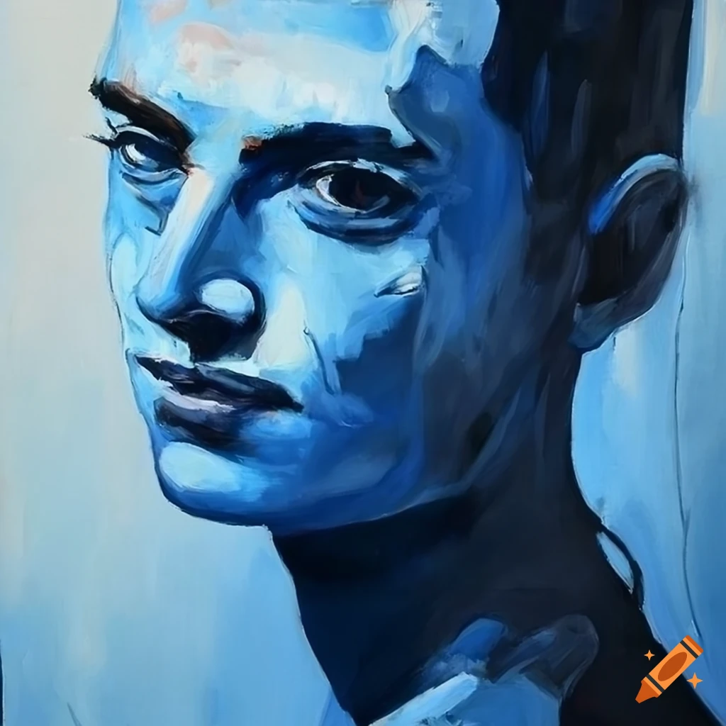 Blue monochromatic portrait of a slightly smiling person on Craiyon