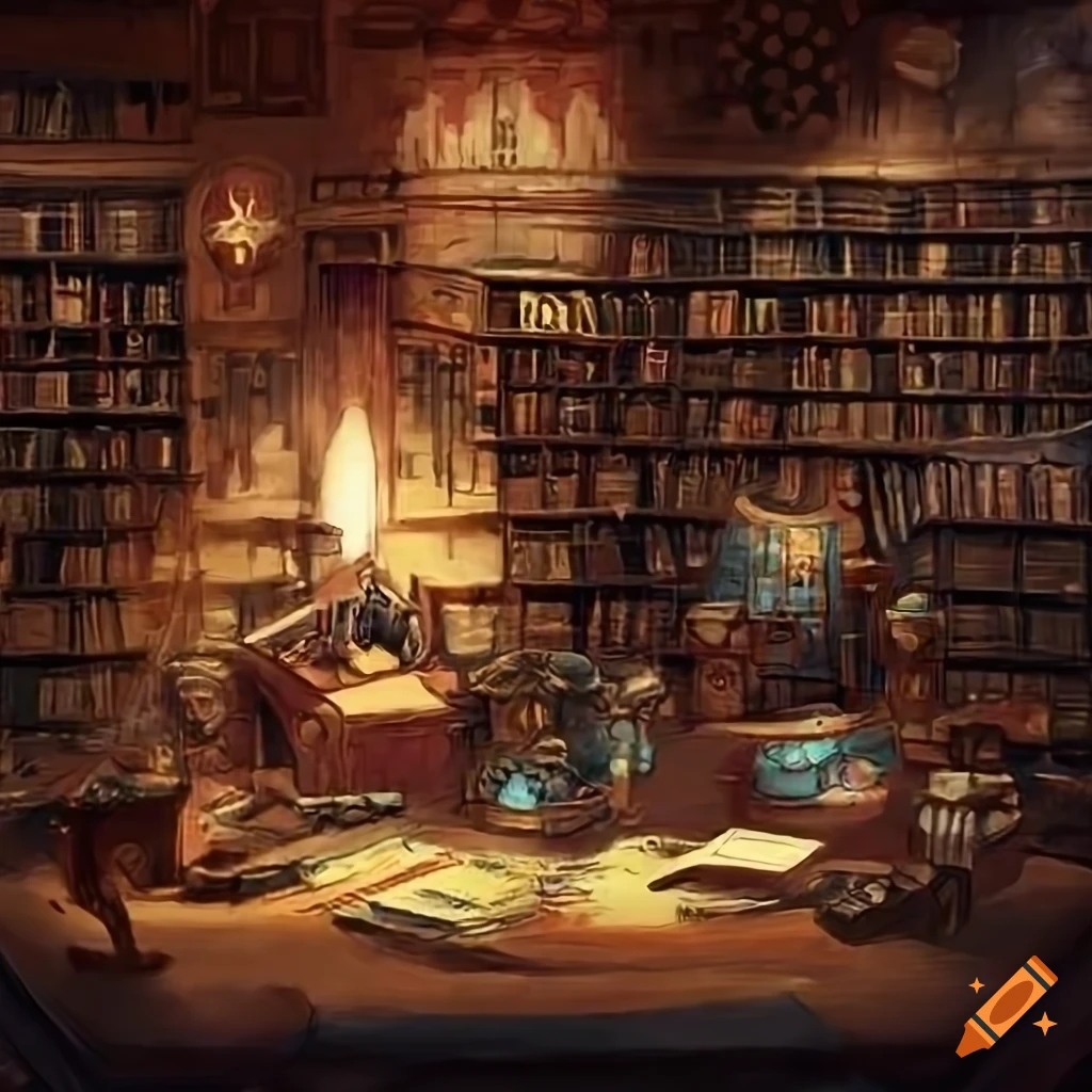 Students studying in a steampunk library with a fantasy art style on ...
