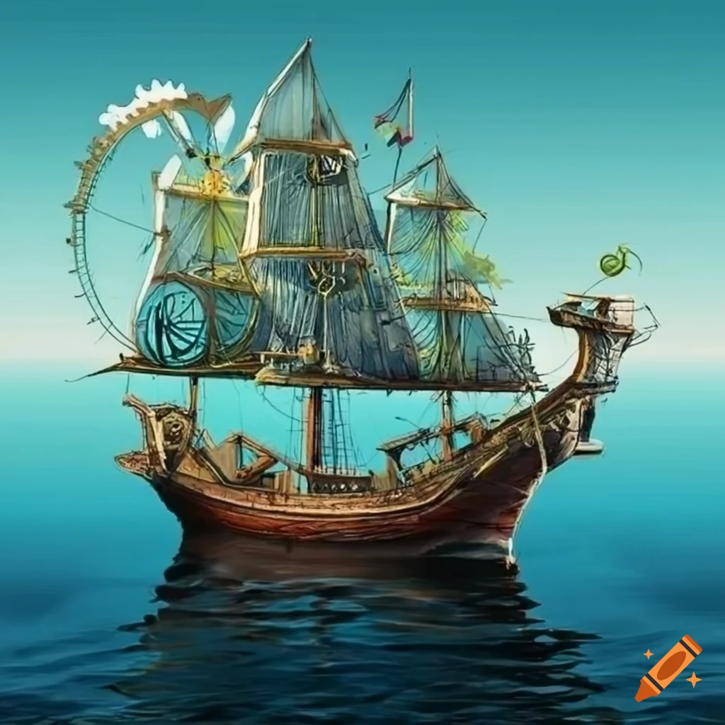 Steampunk sailing boat with lush vegetation and intricate machinery on ...