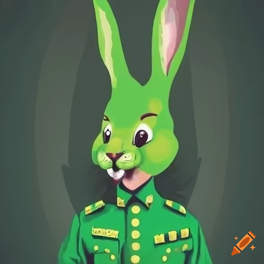 Green rabbit in uniform reminiscent of a propaganda poster on Craiyon