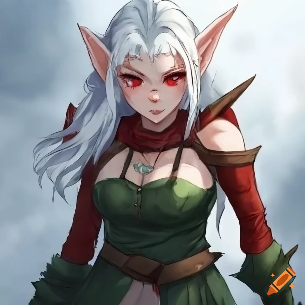 Elf peasant woman with white hair and red eyes in a fantasy anime style ...