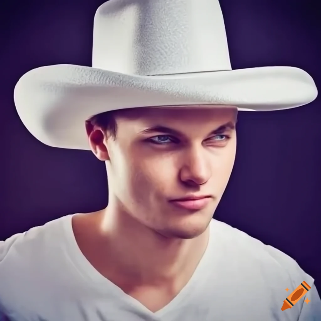 Close shot of a handsome man in a white cowboy hat on Craiyon