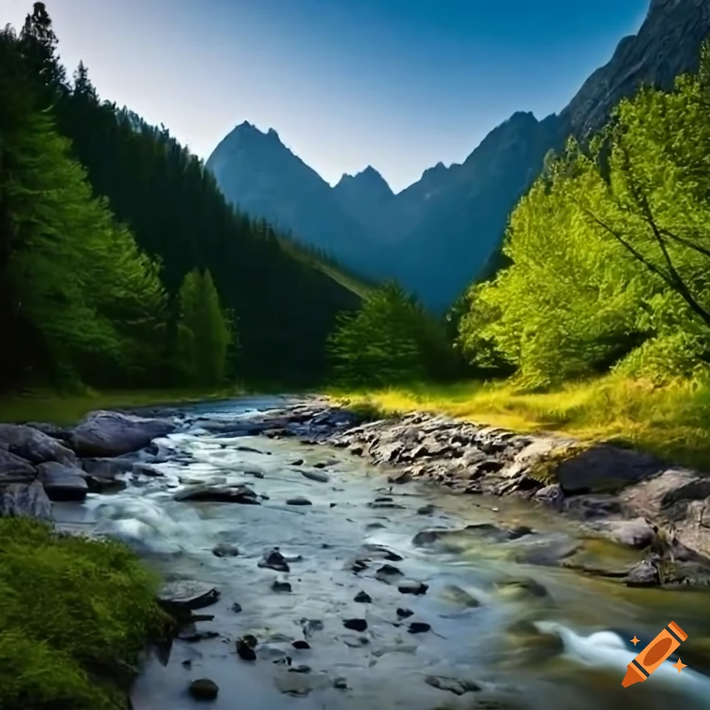 Mountain landscape with a riverside path on Craiyon