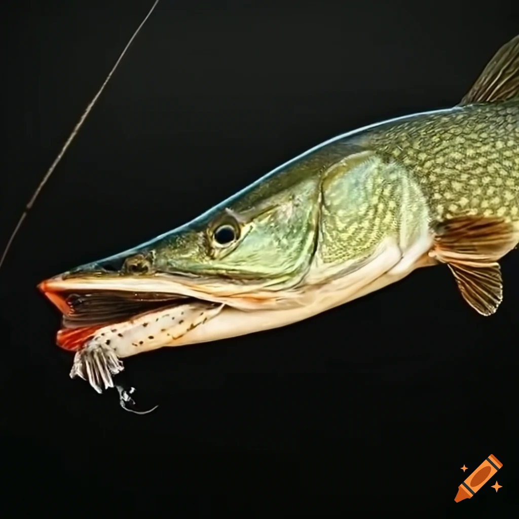 Northern pike capturing a fishing lure on Craiyon