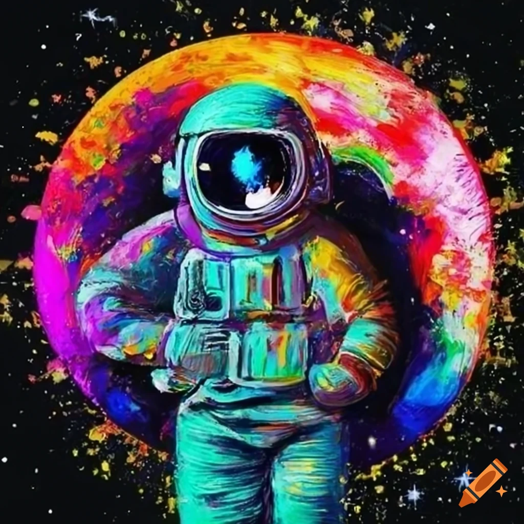 Colorful abstract artwork of a happy astronaut exploring outer space surrounded by celestial ...