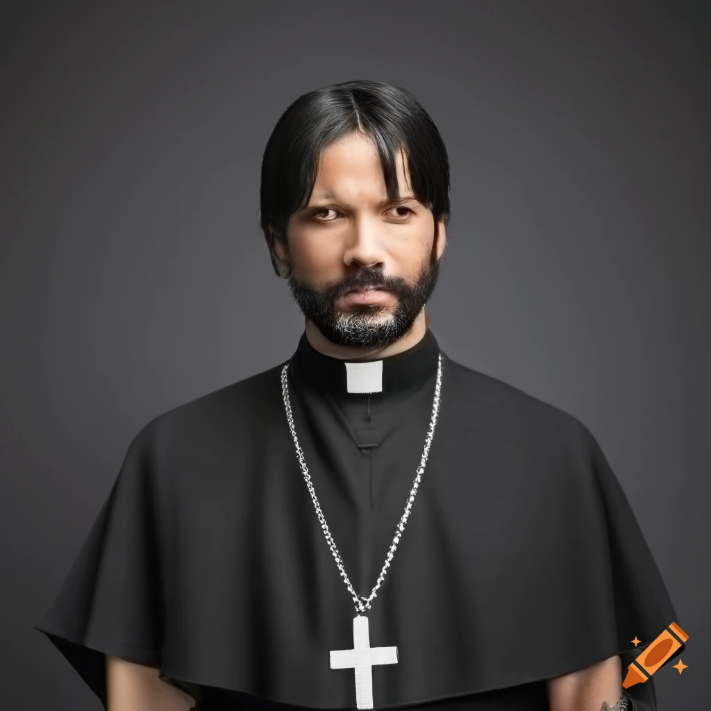Man with black hair wearing a priest outfit in a headshot on Craiyon