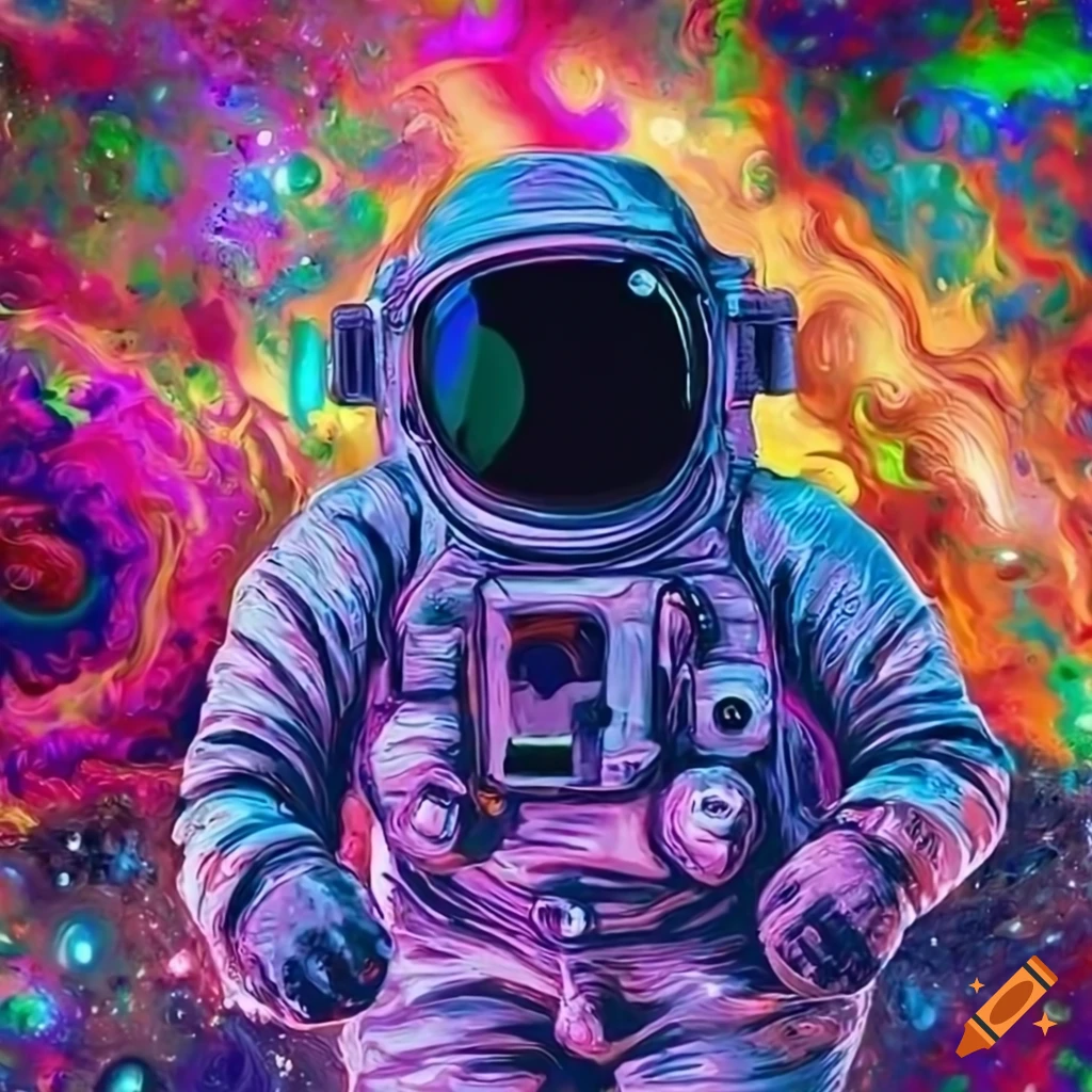 Astronaut among colorful galaxies and distant planets in a trippy portrait on Craiyon