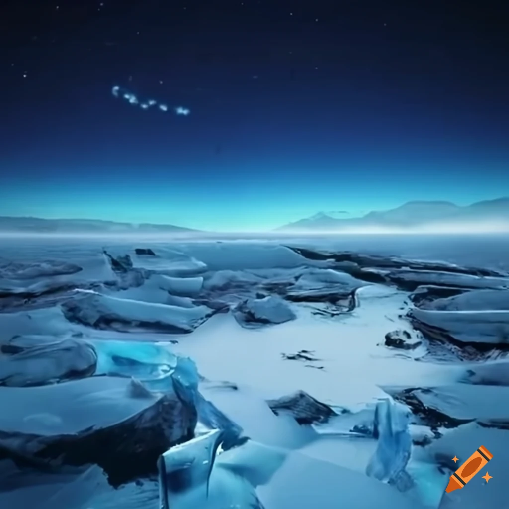 Spaceship crash on an ice-covered planet in a sci-fi landscape on Craiyon