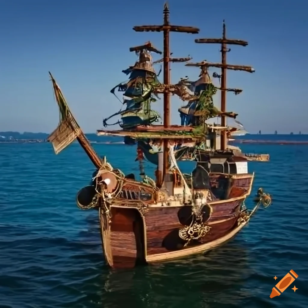 Steampunk sailing boat with lush plants and gears, houses on deck on ...