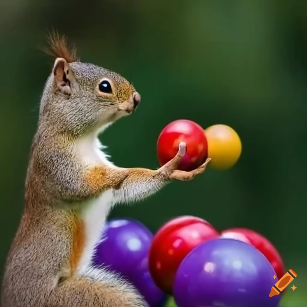 Playful squirrel playing with acorns like bowling balls on Craiyon
