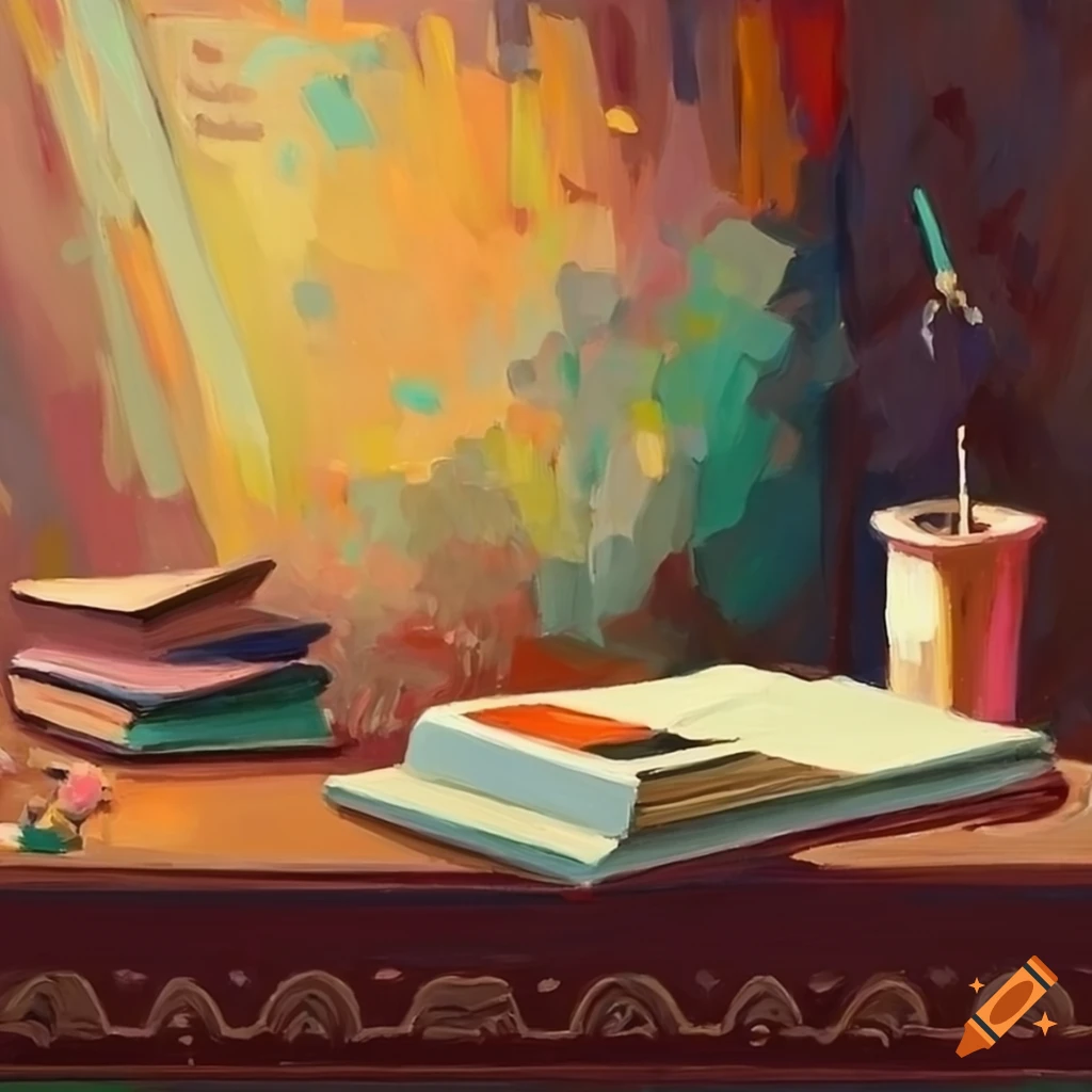 Study scene with calculator, books, and stationery in oil painting ...