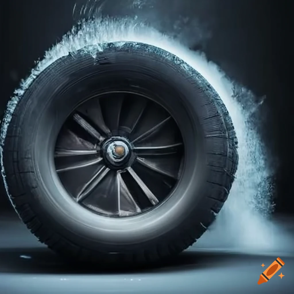 Fast-spinning cadillac tire kicking up dust on Craiyon