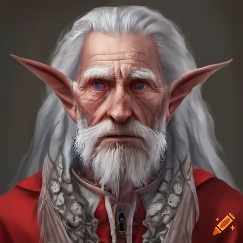Elderly male elf with long gray hair in a red robe on Craiyon