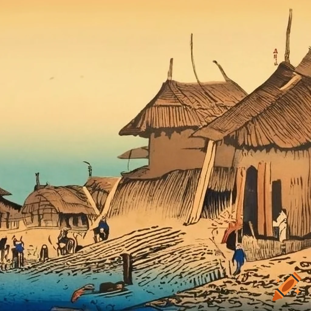 African village in ukiyo-e woodblock print style on Craiyon