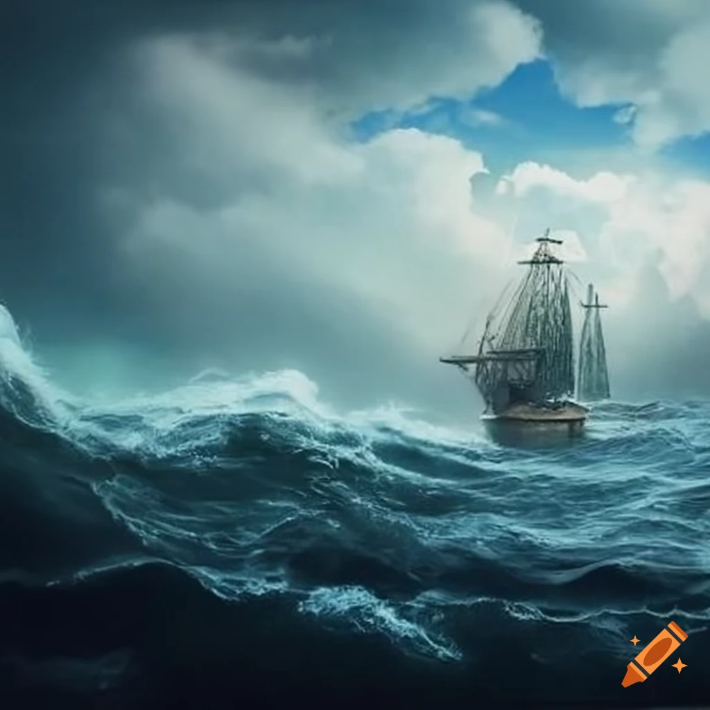 Illustration of mary celeste on a stormy sea on Craiyon