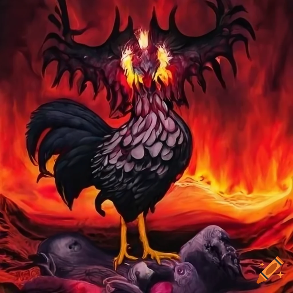Demon chicken with horns in a hellish landscape in pop surrealism style on Craiyon