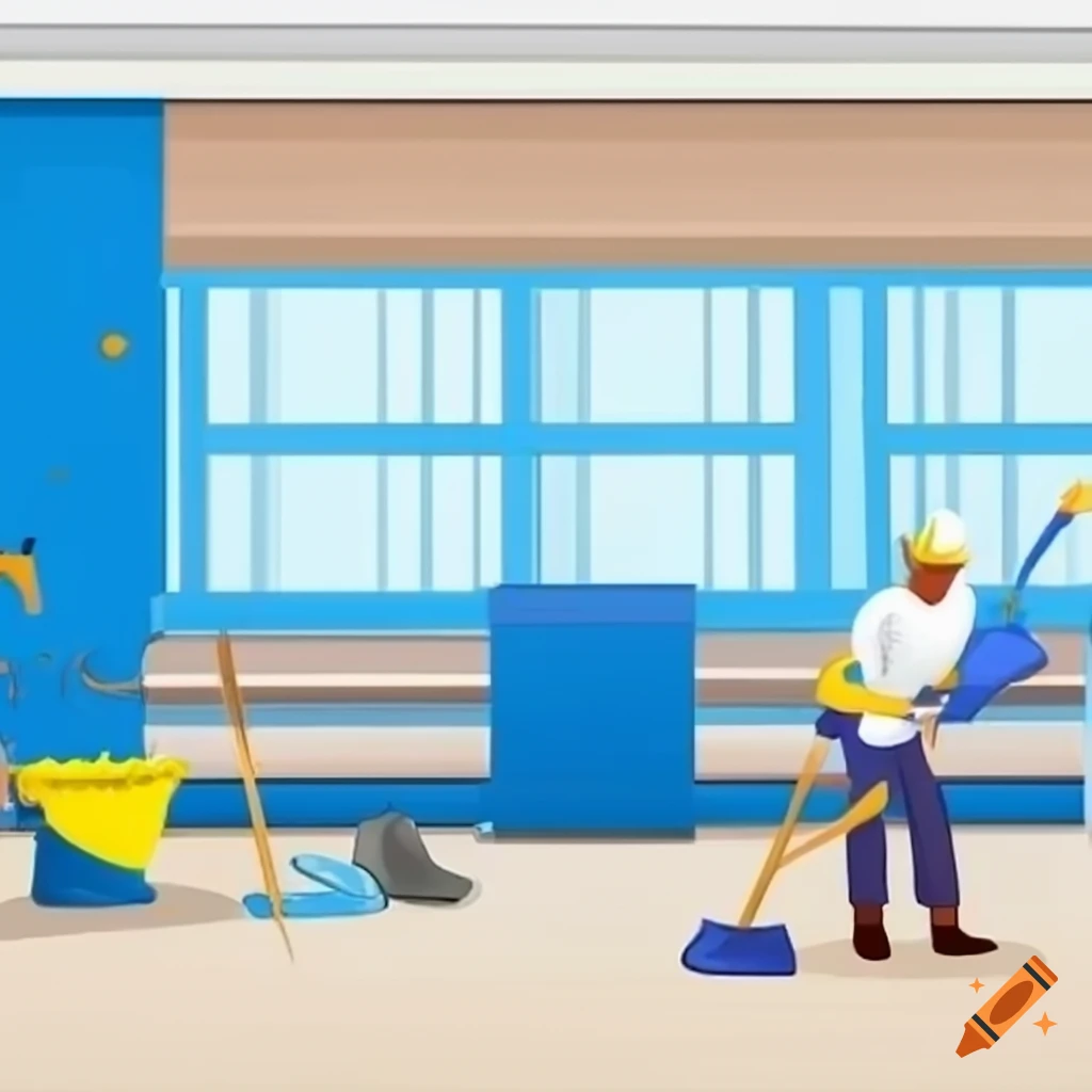 Cleaning agency at work in a spacious commercial building with blue and ...