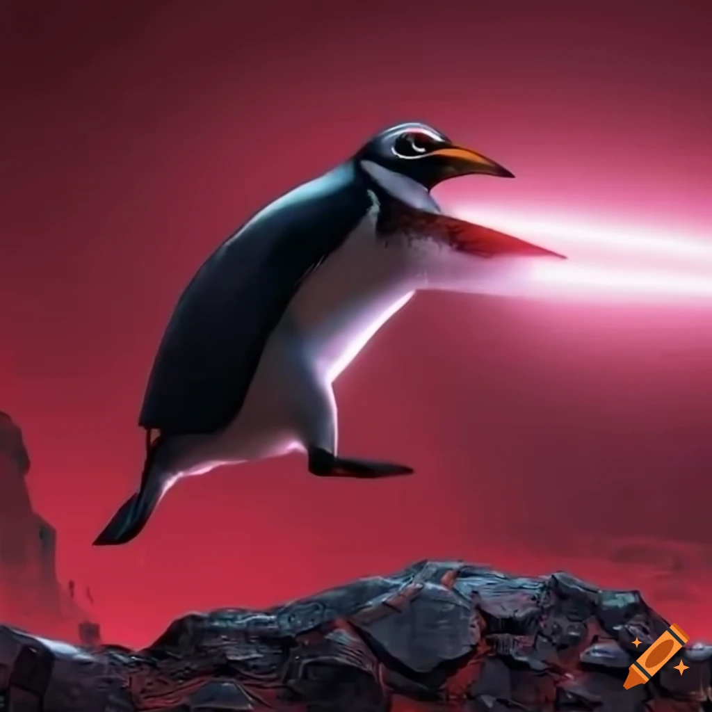 Cyberpunk penguin with a plasma gun on Mars attacking, sci-fi ...