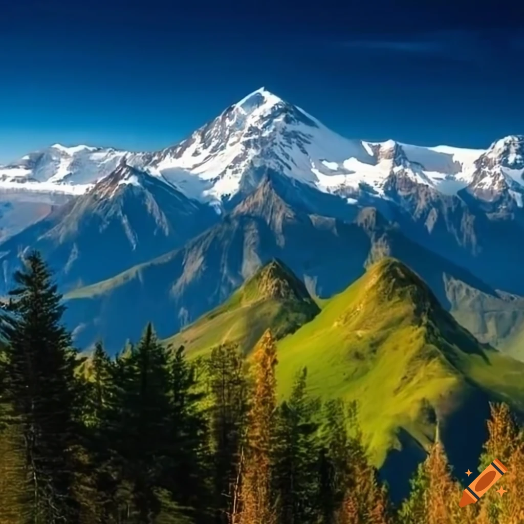 Majestic mountain range with snow-capped peaks and lush valleys on Craiyon