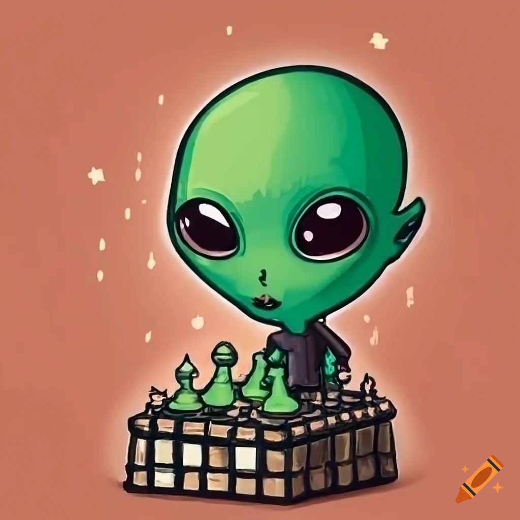 Chibi alien with chess pieces on Craiyon