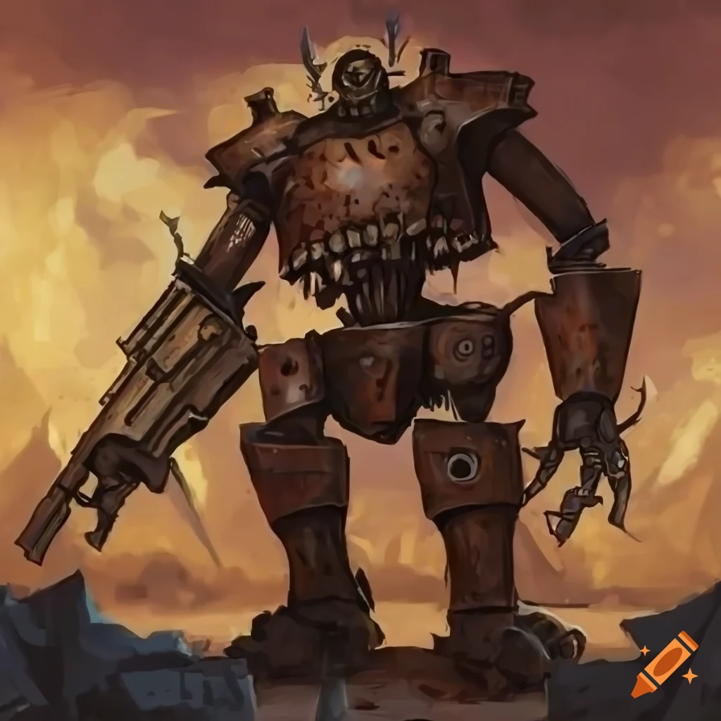 Giant dark rusty robot with a gun hand in magic the gathering art style ...