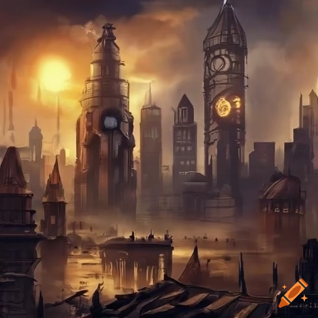 Steampunk city environment concept art on Craiyon