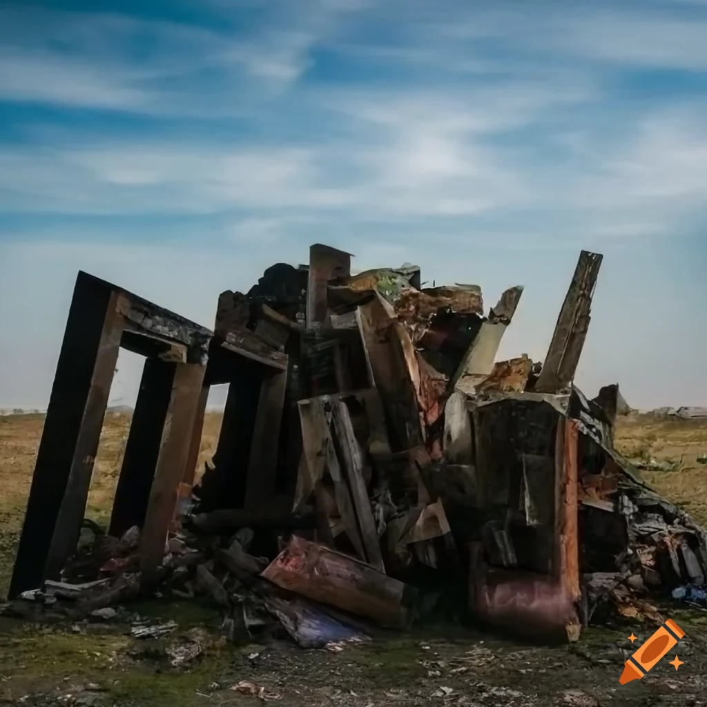 Destroyed altar in a post-apocalyptic junk garbage pile under soft ...